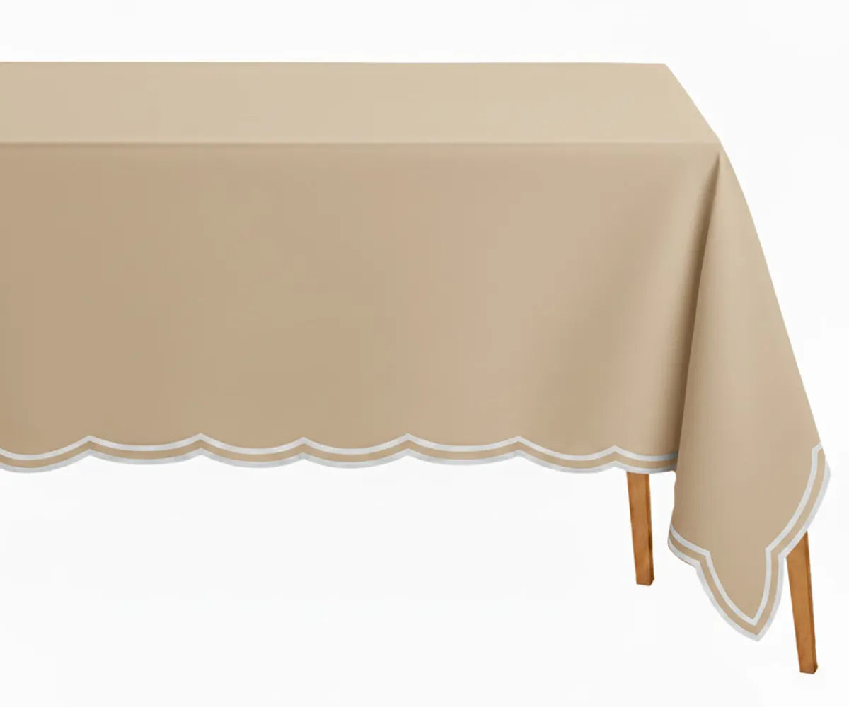Beige Rectangle Tablecloth - White Scalloped | Embroidered Tablecloth