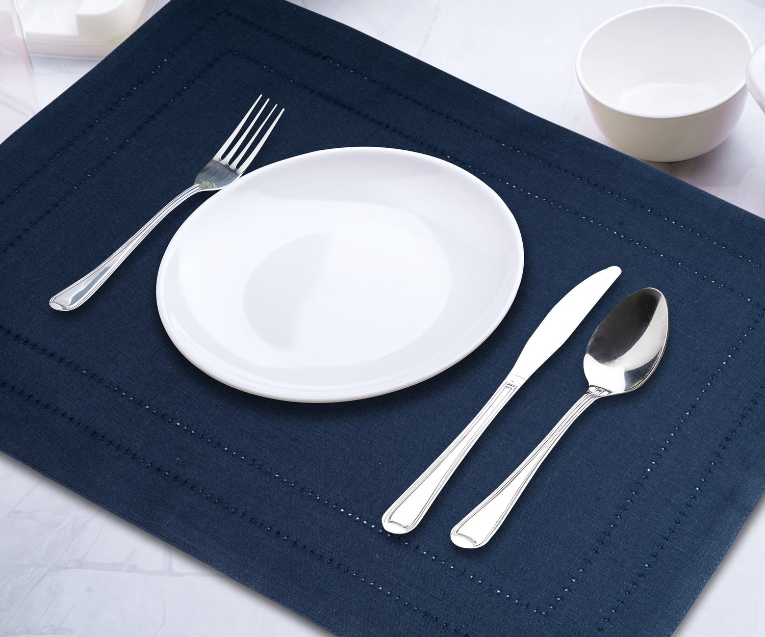 Navy Blue Cotton Placemats - Hemstitched | Dining Table Mats