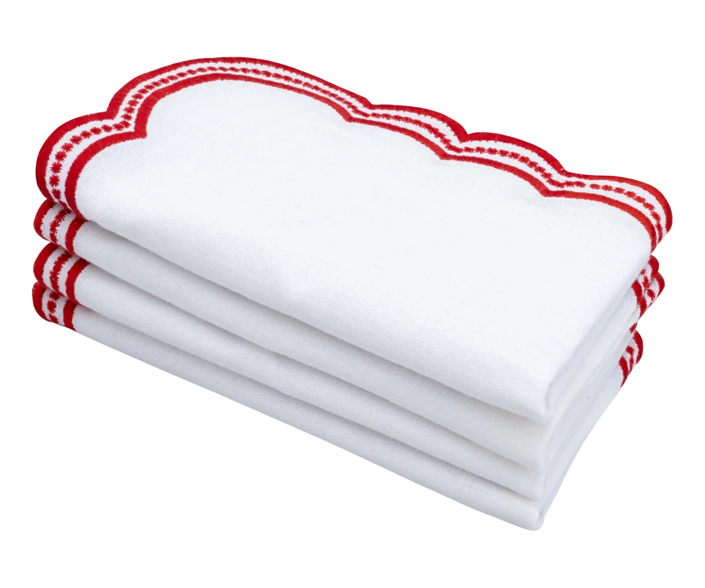 Red Scalloped Embroidered Napkins | All Cotton and Linen