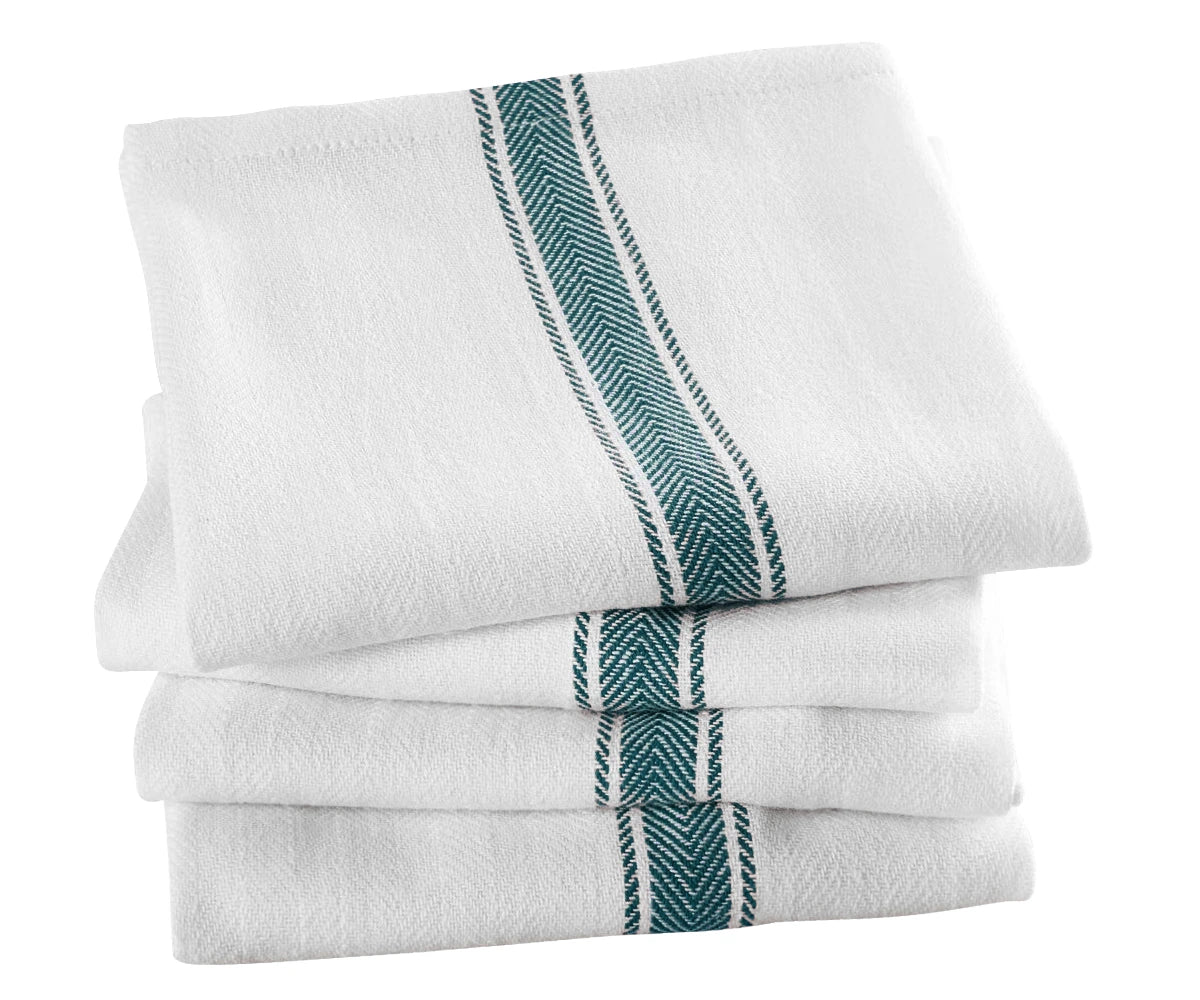 Green Dish Towels | Herringbone Striped Cotton Towels | Set of 4