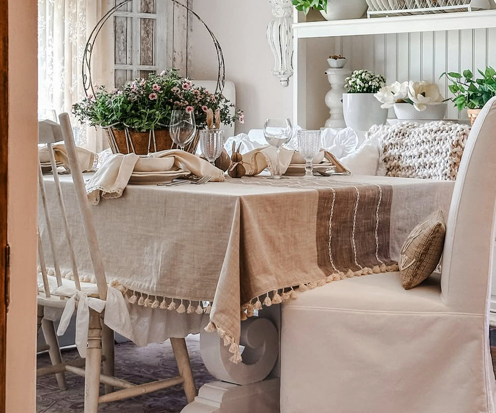 Beige Striped Tablecloth with Tassel | All Cotton and Linen