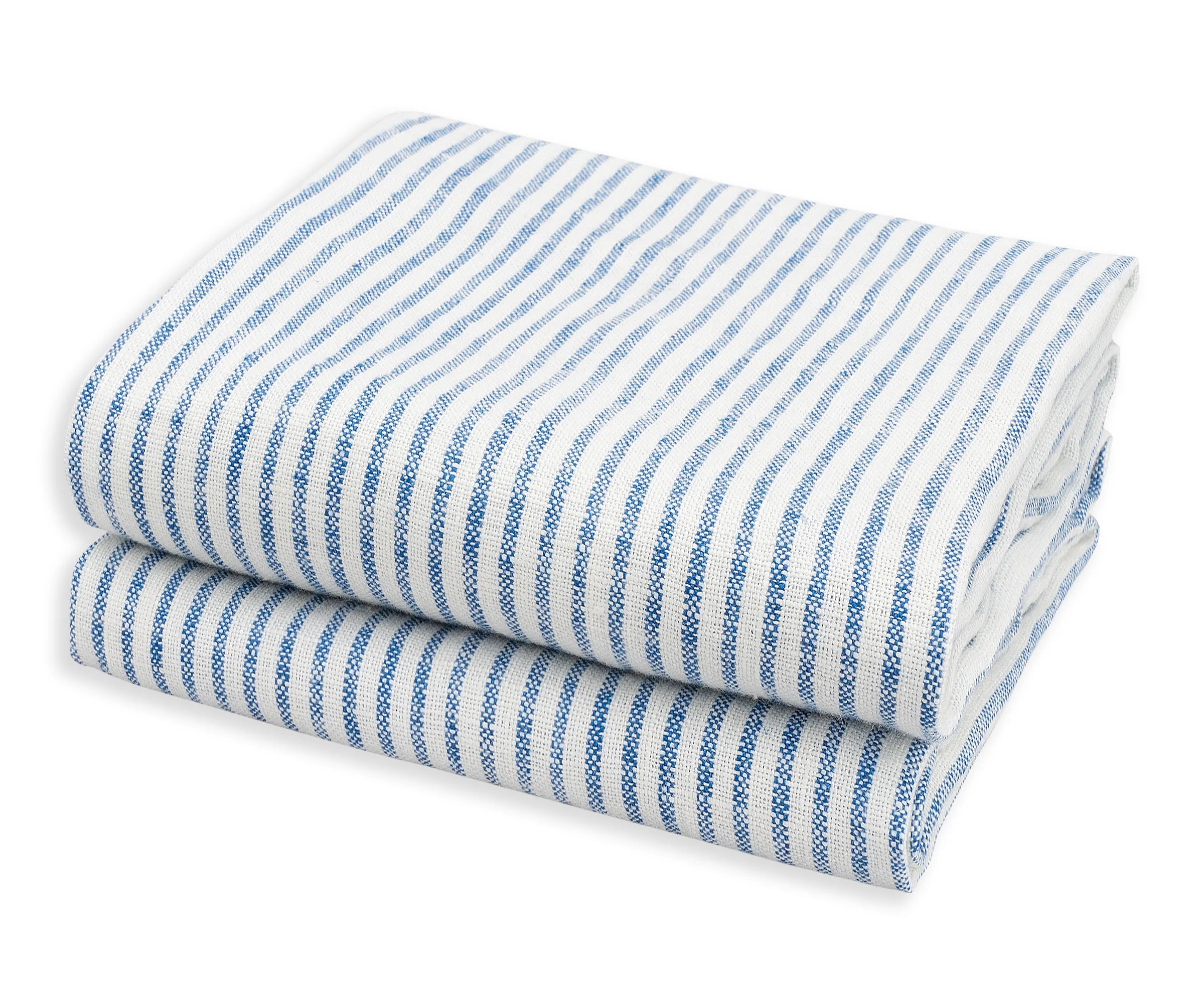 Blue Linen Kitchen Towels Set of 2 | Striped Dish Towels