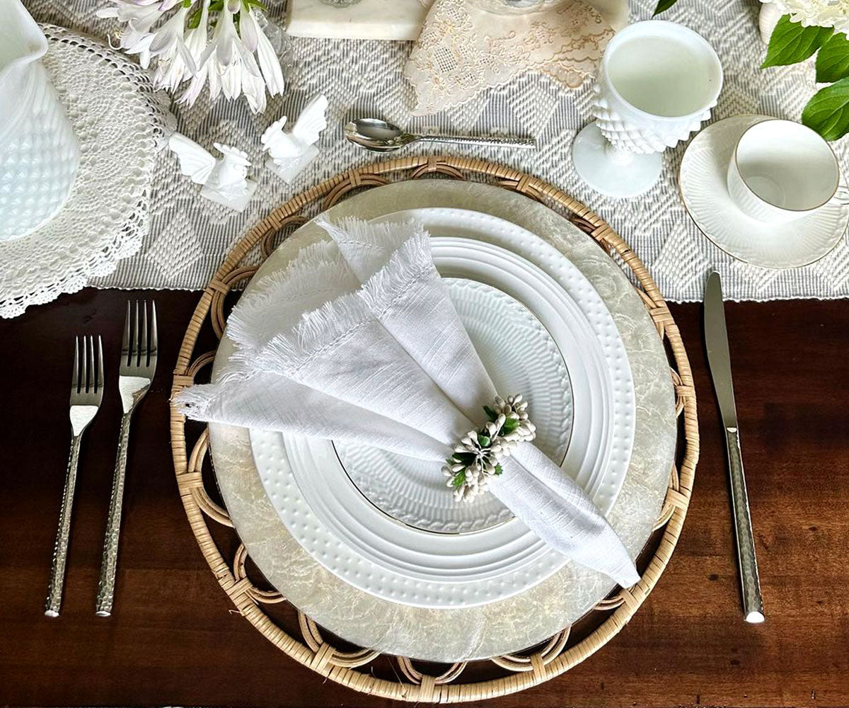 Fringed Napkins - 100% Cotton - White Fringe Napkins Set of 4