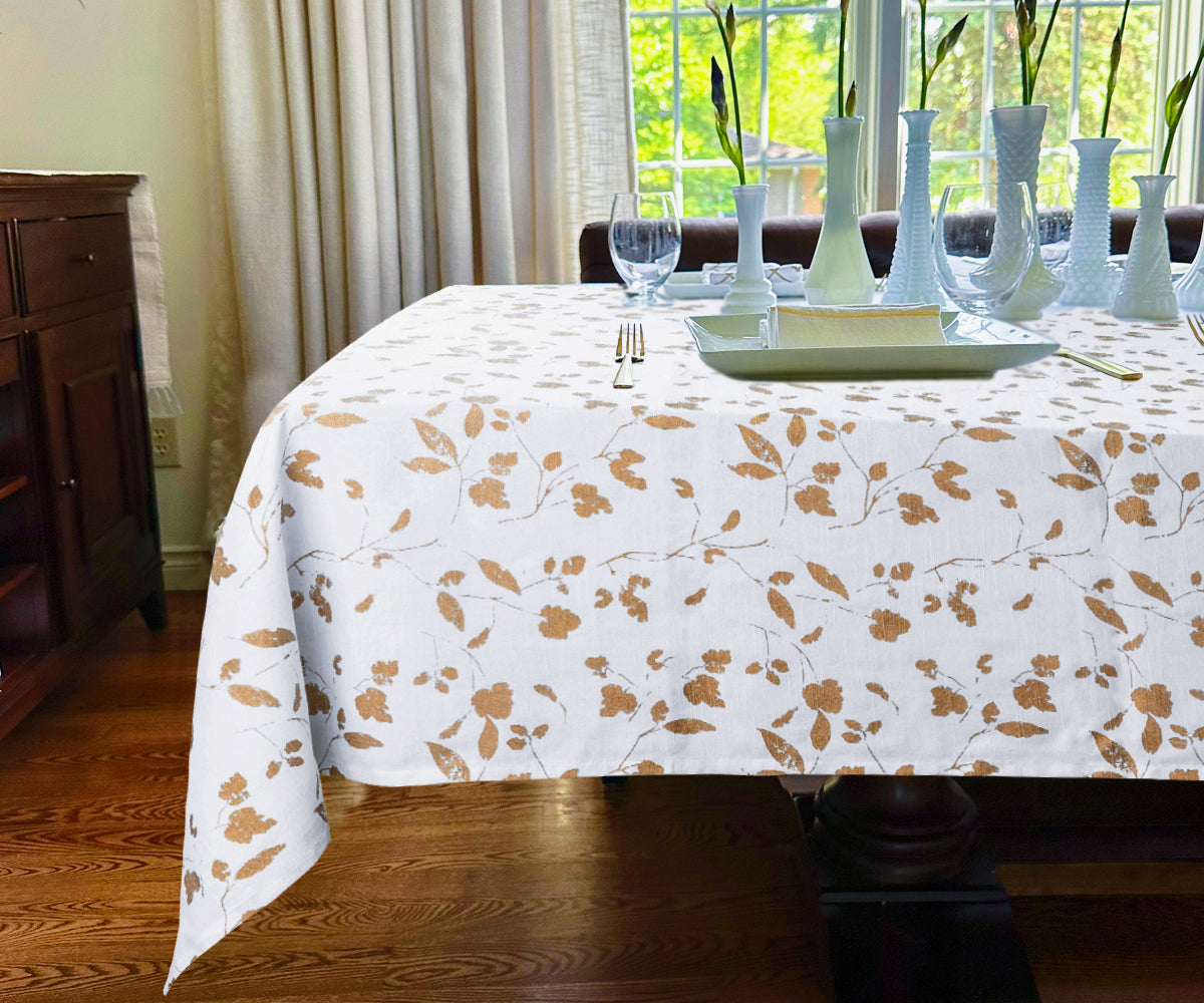 White Table Cloth - Metallic Printed | All Cotton and Linen