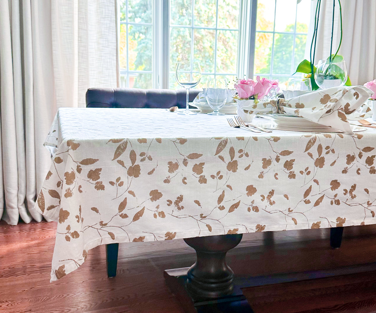 Copper Leaf Metallic Tablecloth | Dining Table Cover | Printed