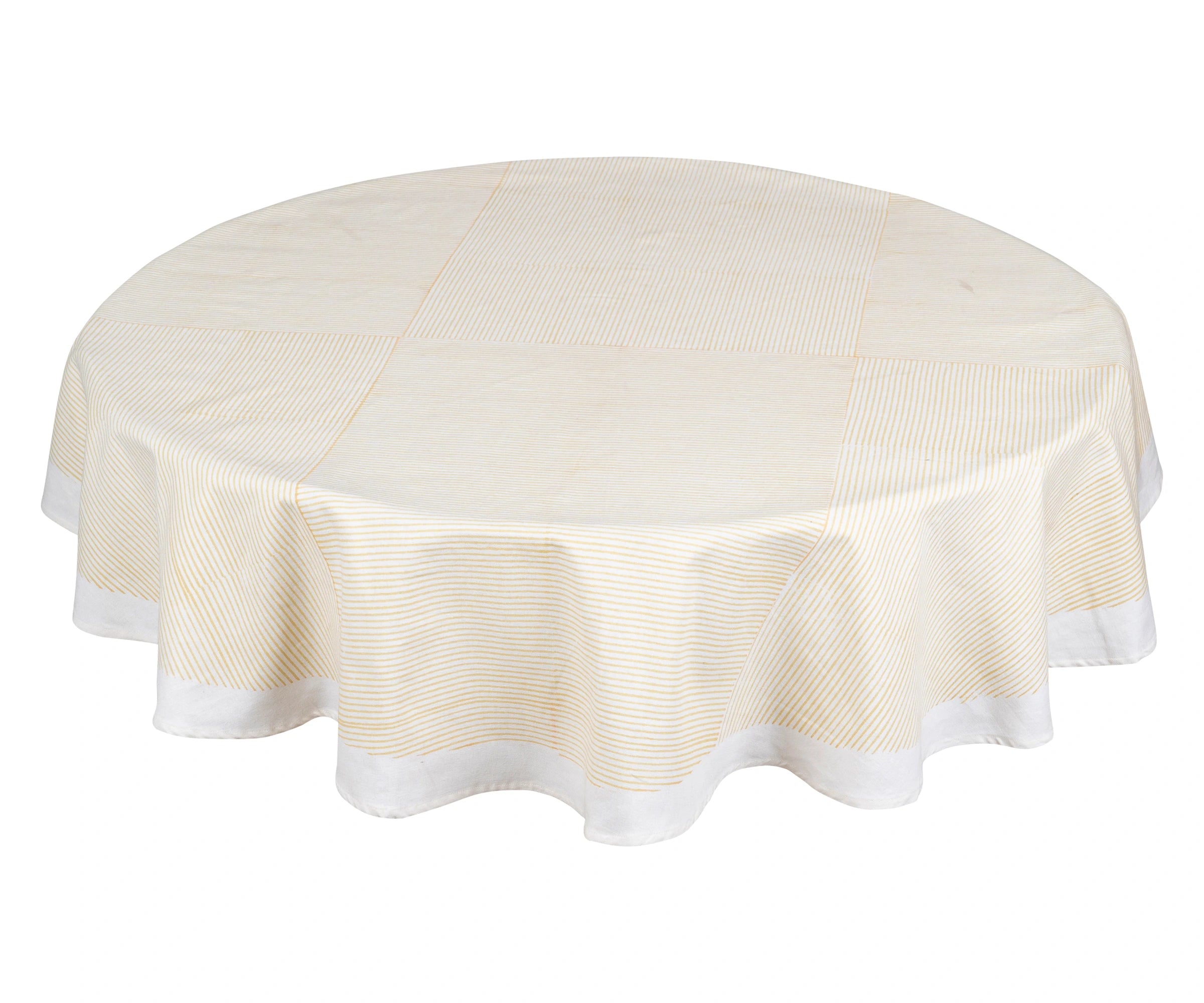 Beige and White Line Print Round Tablecloth | Block Printed Tablecloths