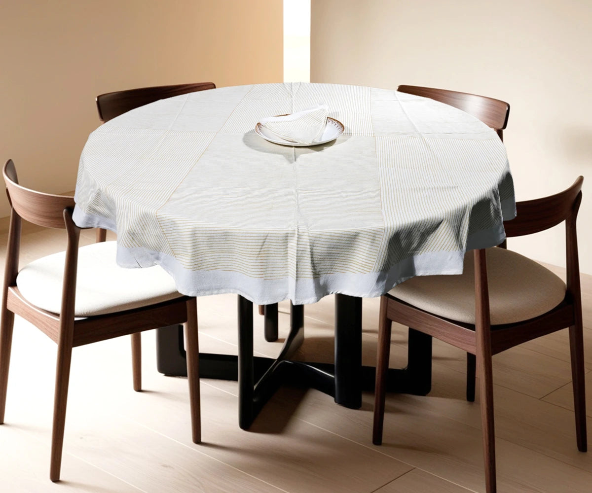 Beige and White Line Print Round Tablecloth | Block Printed Tablecloths