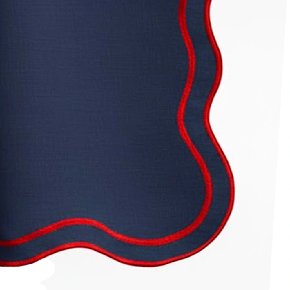 Navy Blue Napkins with Red Scalloped Edge | 100% Cotton