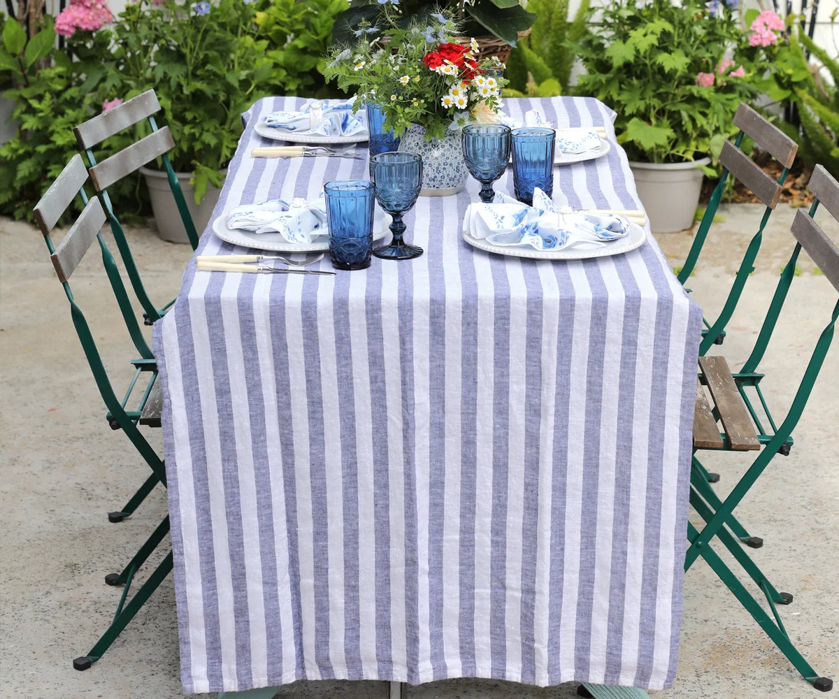 Italian Stripe Rectangle Linen Tablecloth -100% Pure Linen