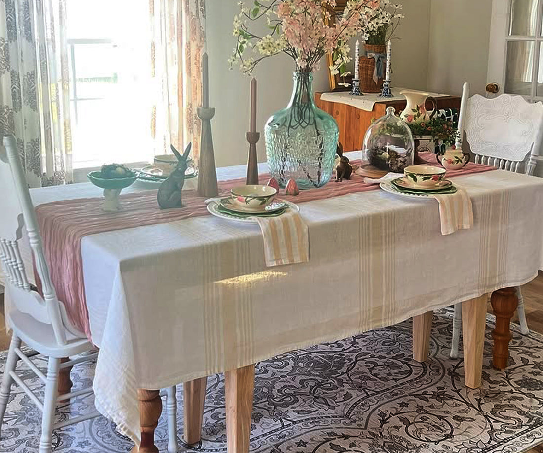Linen Rectangle Tablecloth | Farmhouse Stripe Tablecloth - Buy Now!